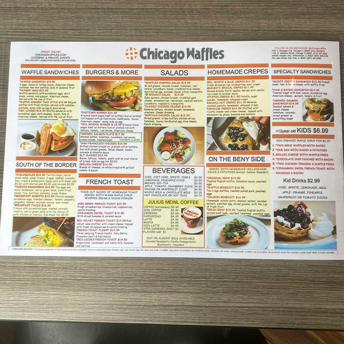 The menu at Chicago Waffles reads like a love letter to breakfast possibilities. Decision paralysis has never been so delicious.