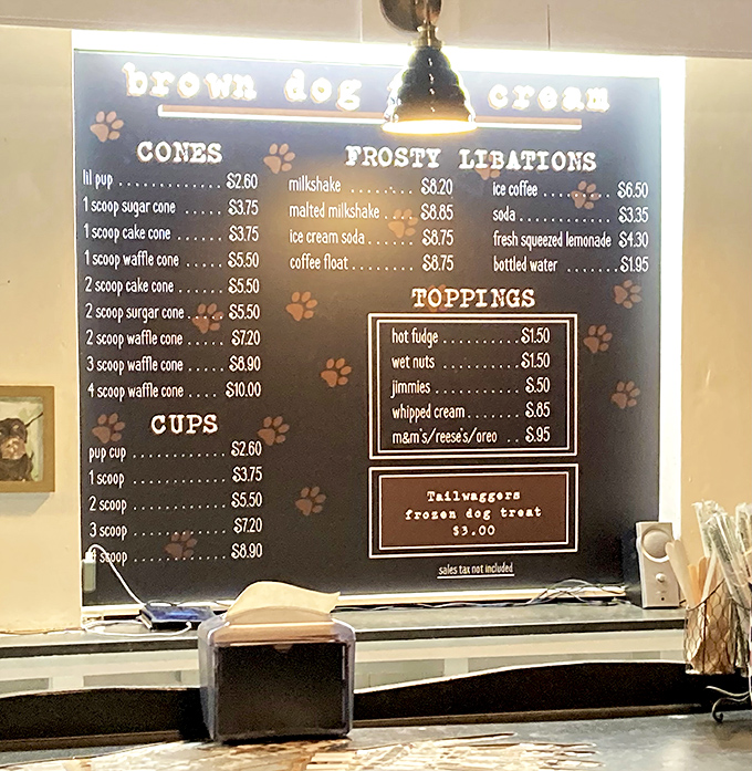 The menu board's paw prints hint at the shop's namesake, while promising "Frosty Libations" that could make even the most dedicated dieter weak at the knees.