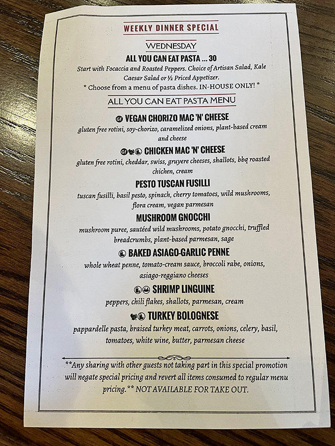 Wednesday's all-you-can-eat pasta night menu reads like a love letter to carb enthusiasts everywhere. Resistance is futile.