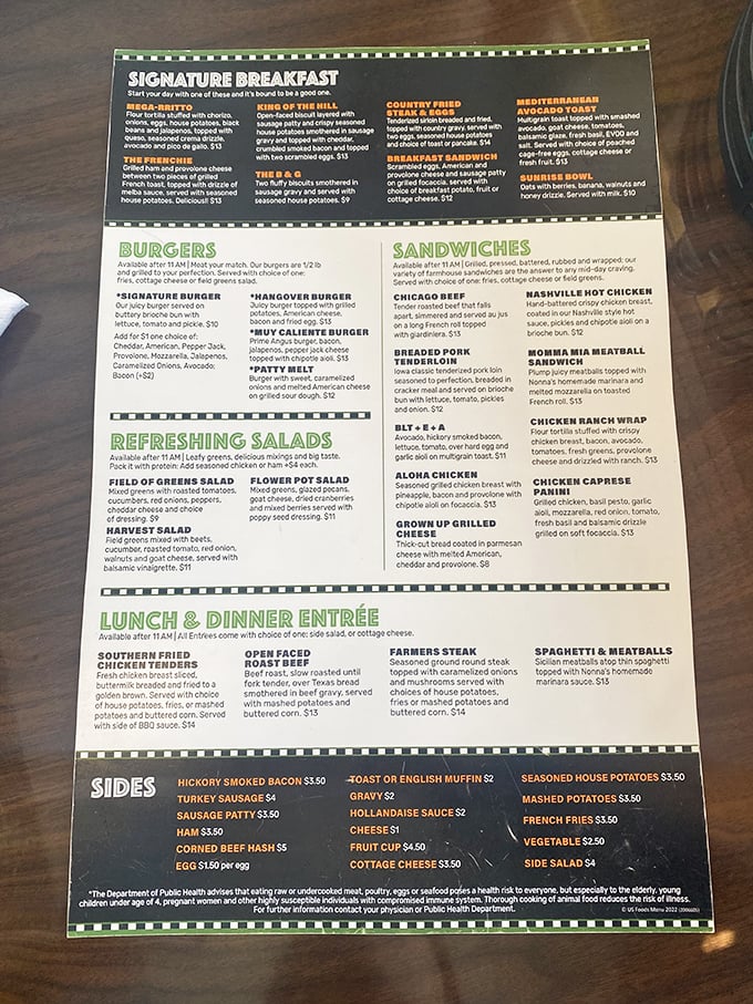 A menu that reads like a love letter to morning cuisine. Choosing just one item might be the hardest decision you'll make all day.