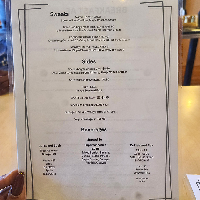 This menu reads like a love letter to breakfast enthusiasts. The Smoky Link "Corndogs" alone are worth setting your alarm for.