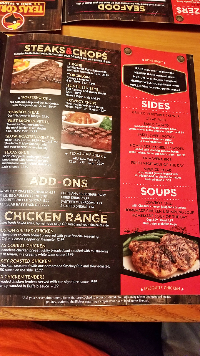 This menu isn't playing games—steak temperatures clearly defined because nothing ruins a night faster than miscommunication between you and your ribeye.