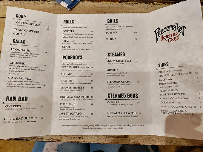 This menu isn't just paper&mdash;it's a treasure map where X marks the spot for lobster rolls, po'boys, and seafood boils that'll make you forget you're in St. Louis.