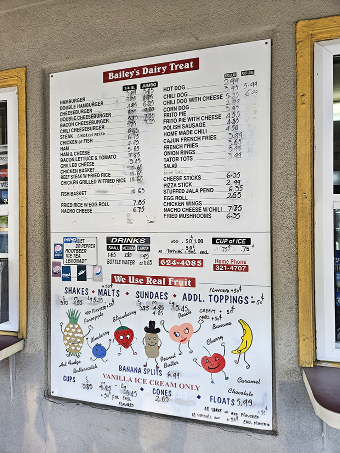 A menu board that reads like poetry to the hungry soul - complete with hand-drawn fruit characters who look delighted to be eaten.