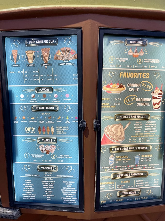 Life's big decisions: cone or cup, sprinkles or fudge, one flavor or swirl? This menu board holds the answers to summer's sweetest questions.