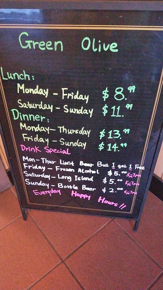 The chalkboard menu at Green Olive tells the real story&mdash;affordable feasting that won't require a second mortgage. Happy hour specials are the cherry on top!