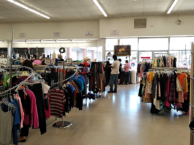 The clothing forest, where fashion goes for its second act. Racks upon racks of potential style upgrades await the patient explorer.