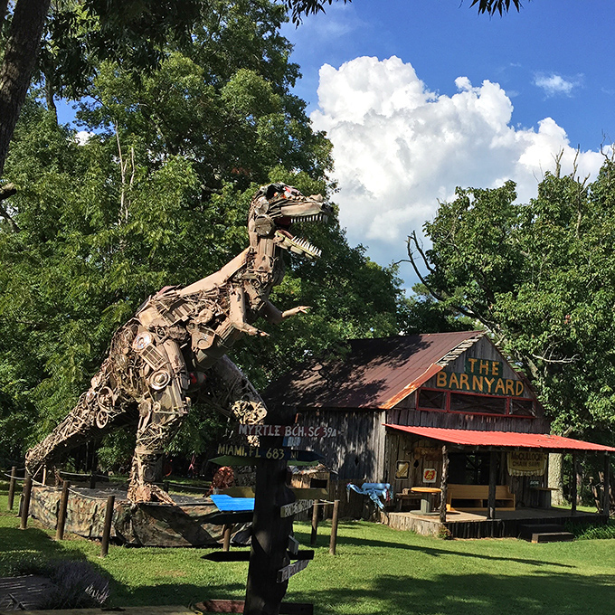 At The Barnyard, this metal dinosaur proves creativity roams wild in Alabama. Who needs Jurassic Park when you've got ingenious folk art made from yesterday's farm equipment?