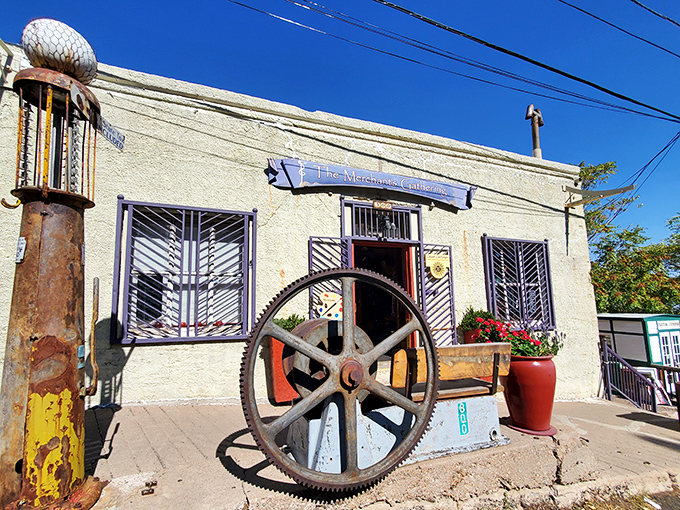 The Merchants Gathering welcomes visitors with mining equipment that's retired from hard labor but still works full-time as industrial chic decor.