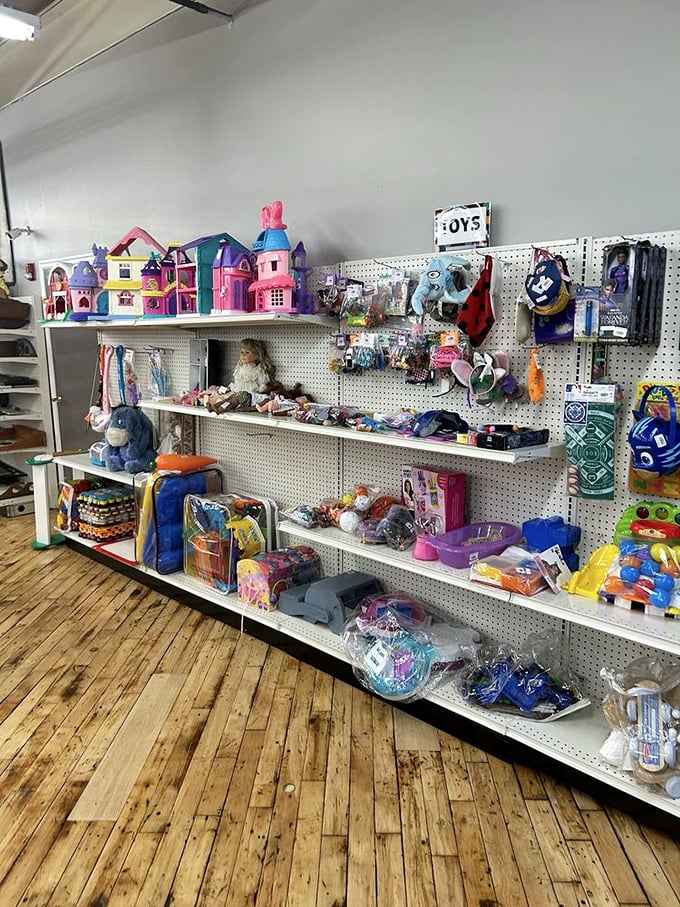 Toy story unfolding on every shelf. Childhood nostalgia meets bargain hunting in this colorful corner where yesterday's playthings await tomorrow's imaginations.