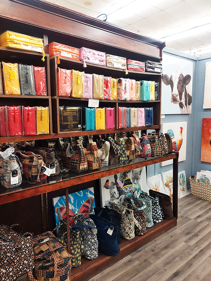 A rainbow of colorful fabrics and handcrafted bags invites tactile exploration &mdash; each one telling a different story from a different era.