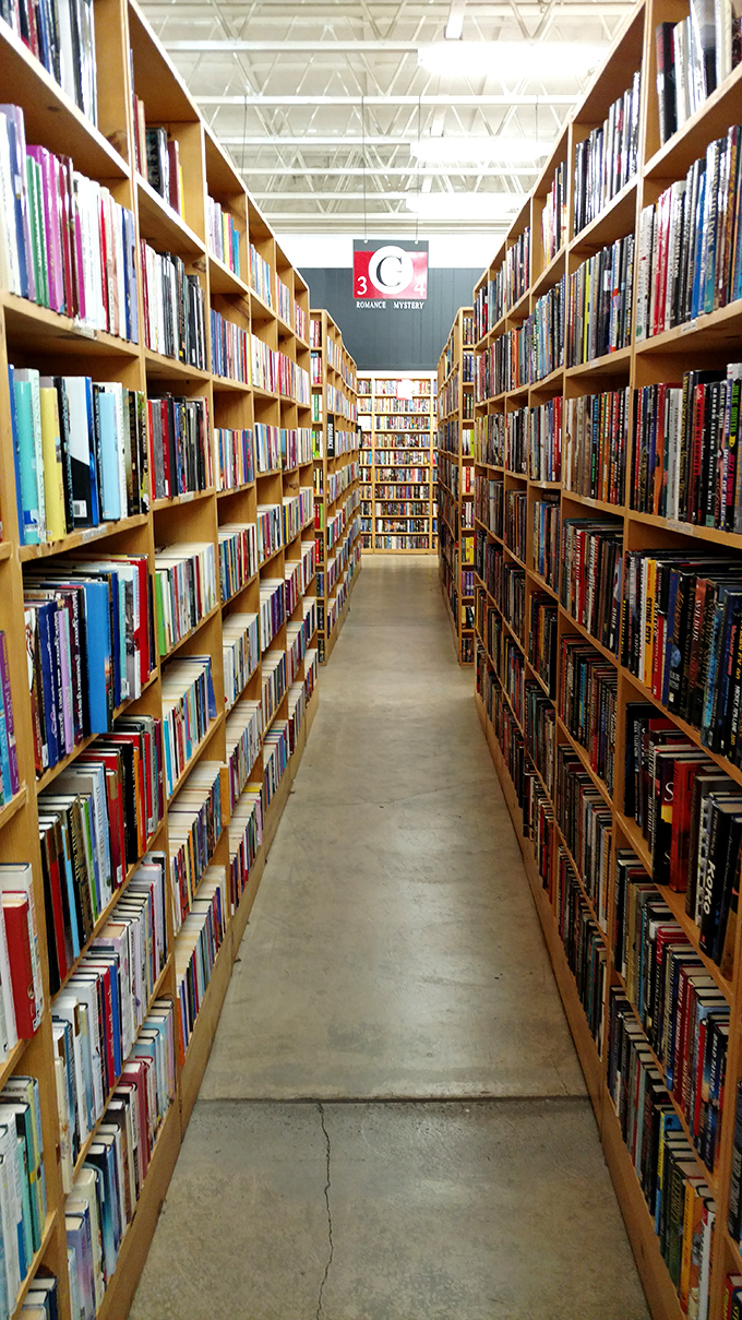 Sci-fi and mystery novels stand at attention like literary soldiers. This book aisle could keep you entertained through three apocalypses and a government shutdown.