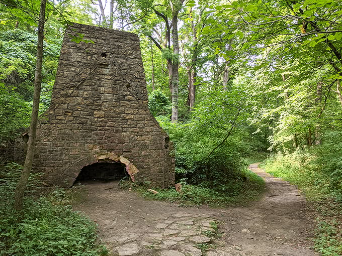 Not the world's most elaborate pizza oven, but a historic limestone kiln hiding in the woods like nature's own archaeological surprise.