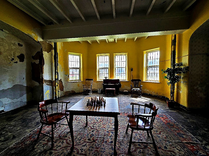 A tour guide in period nurse attire demonstrates the asylum's medical cabinet, where treatments both helpful and harmful were once dispensed with equal confidence.