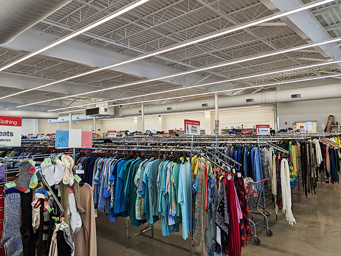 The clothing racks stretch like a textile rainbow across the horizon. Each hanger holds the possibility of that perfect vintage find.