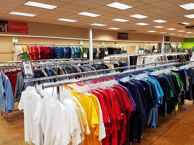 A rainbow of possibilities hangs in perfect order, color-coded like a Type-A personality's dream closet. Fashion democracy at its finest.