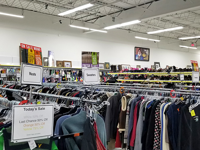 The clothing section is meticulously organized—a rare feat in thrift store culture where chaos typically reigns supreme.