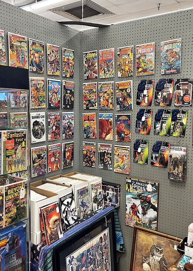 Comic book heaven awaits collectors and nostalgic readers alike. Marvel, DC, and Star Wars memorabilia line the walls, each plastic sleeve protecting someone's childhood memories.