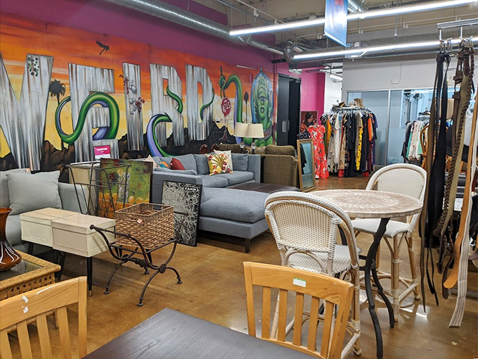 Mid-century meets modern in the furniture section, where that perfect statement piece awaits beneath a vibrant mural of LA's skyline.