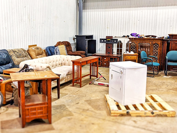 A living room time machine where mid-century meets Victorian meets "your aunt's basement." One person's discarded furniture becomes another's conversation piece.