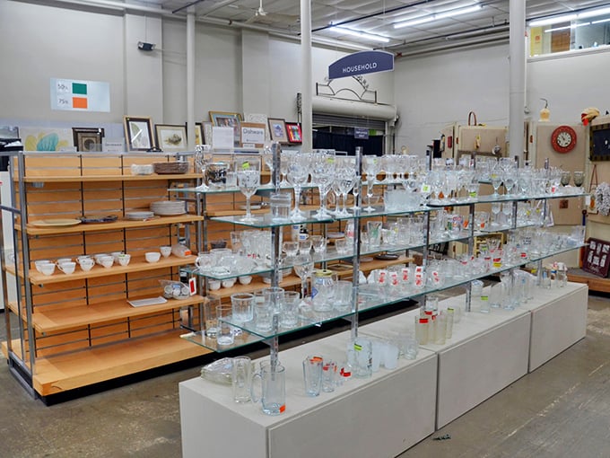 Crystal kingdom! These shelves of glassware sparkle under fluorescent lights, waiting to class up your next dinner party or Tuesday night takeout.
