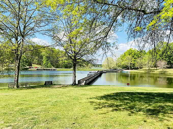 Tranquility doesn't get more picture-perfect than this. A wooden boardwalk stretches across calm waters, inviting visitors to slow down and breathe deeply.
