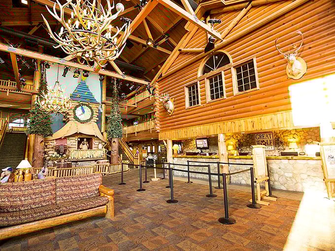 Rustic luxury that screams "Paul Bunyan meets Four Seasons." Those antler chandeliers aren't compensating for anything&mdash;they're just setting the perfect northwoods mood.