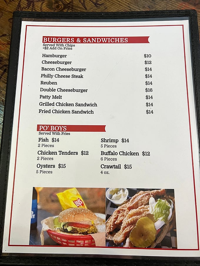 The menu reads like a love letter to comfort food &ndash; burgers, po' boys, and seafood classics that make decision-making deliciously difficult.