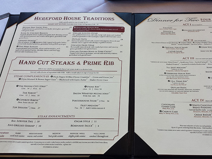 The menu reads like love poetry for carnivores. Notice how they don't just list steaks&mdash;they introduce them like old friends deserving respect.