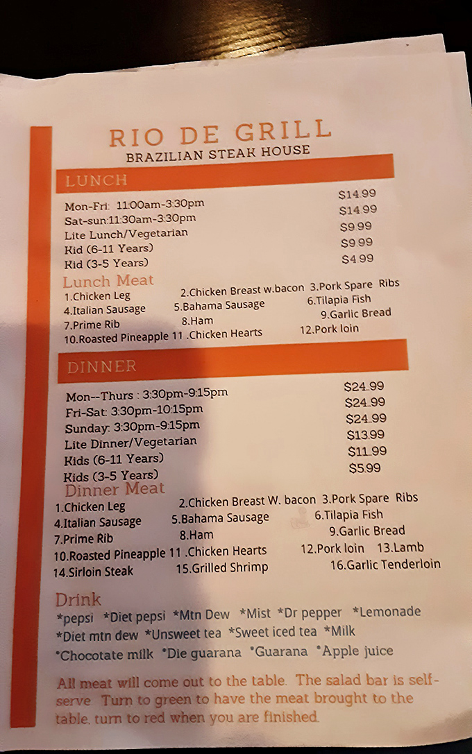 This menu isn't just a list—it's a roadmap to carnivorous bliss. The green and red card system is democracy at its most delicious.