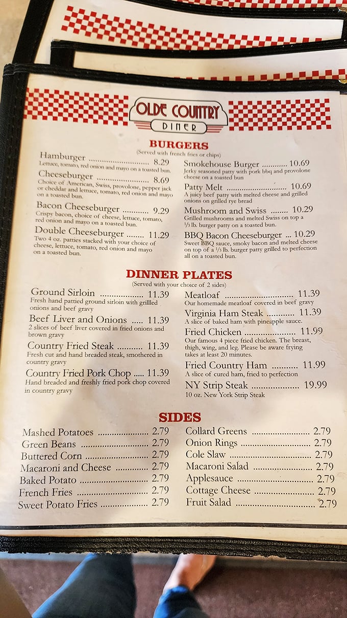 A menu that reads like a love letter to comfort food classics. The burger section alone could make a vegetarian reconsider their life choices.