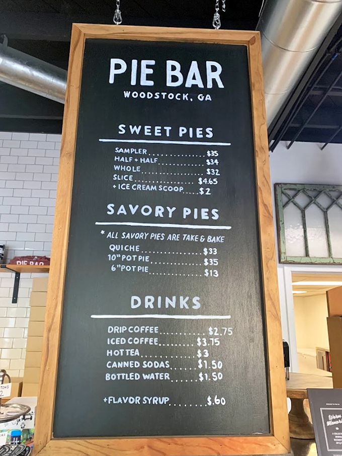 A menu board that cuts straight to life's essentials: sweet pies, savory pies, and the beverages to wash them down with.