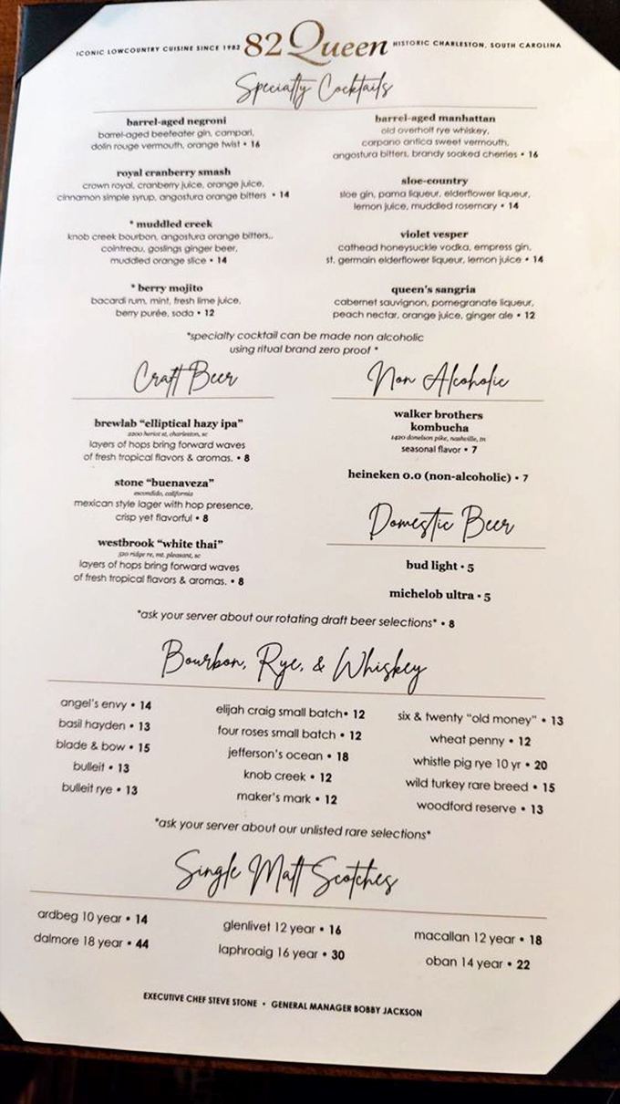The cocktail menu reads like a love letter to Southern libations. I'd start with the Muddled Creek bourbon, but that Royal Cranberry Smash is whispering my name.