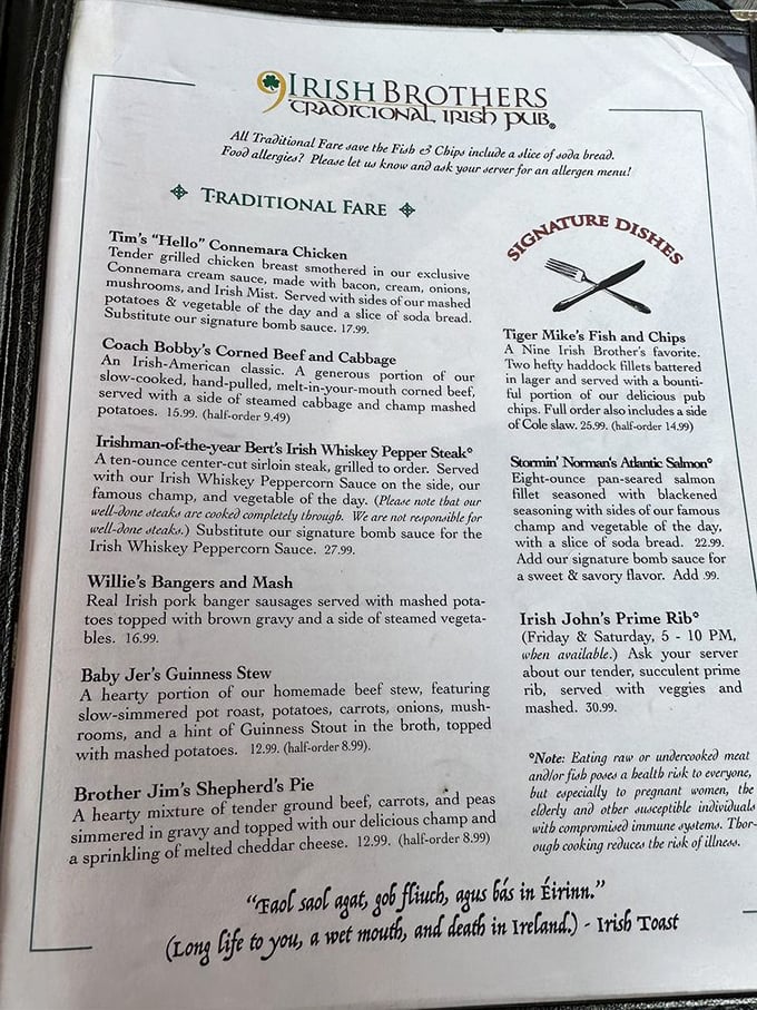This menu isn't just food&mdash;it's storytelling, with each dish named after a character in the Nine Irish Brothers saga of flavors.