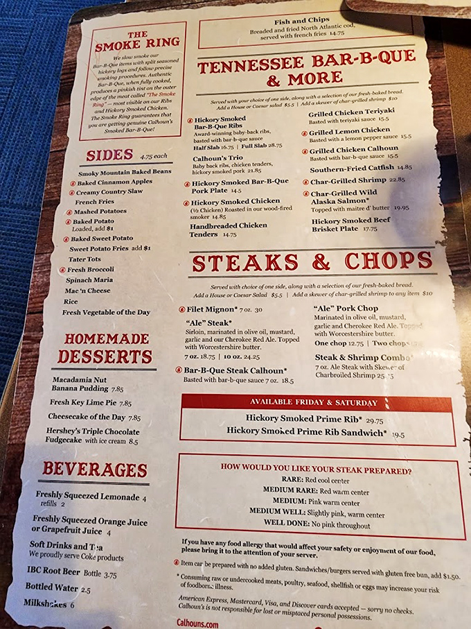 The menu reads like a love letter to carnivores, with that weekend prime rib special calling your name louder than a Tennessee tornado siren.
