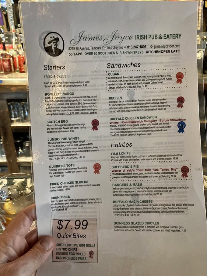 This menu isn't just a list of food—it's a passport to Ireland with awards to prove it. The Shepherd's Pie accolade isn't just bragging—it's a guarantee.