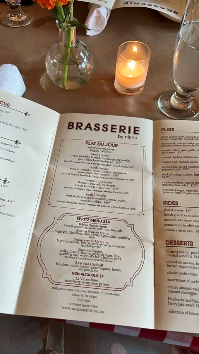 A menu that reads like a love letter to French cuisine, with daily specials that might make you consider extending your stay in St. Louis.