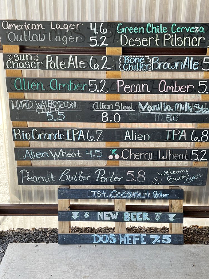 The chalkboard of dreams! From Green Chile Cerveza to Vanilla Milk Stout, this menu reads like a love letter to New Mexico beer enthusiasts.