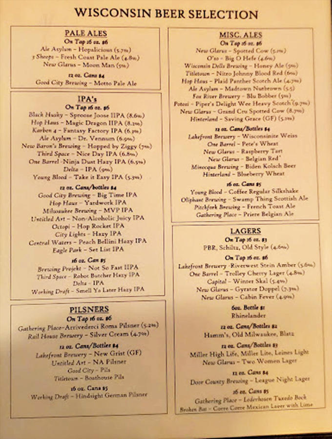 This beer menu isn't just a list&mdash;it's Wisconsin's liquid resume, showcasing hometown heroes and craft legends alike. 