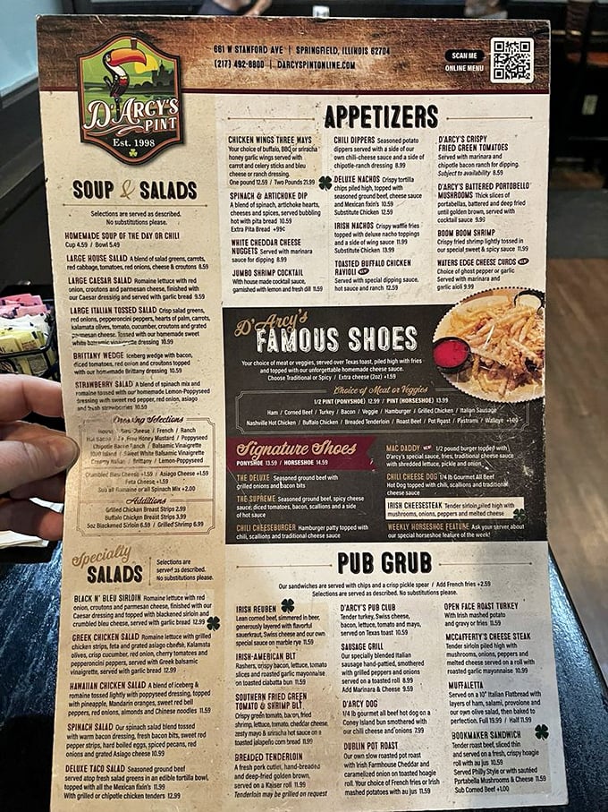 The menu reads like a love letter to comfort food, with "Famous Shoes" taking center stage&mdash;a culinary siren song for the hungry and curious.