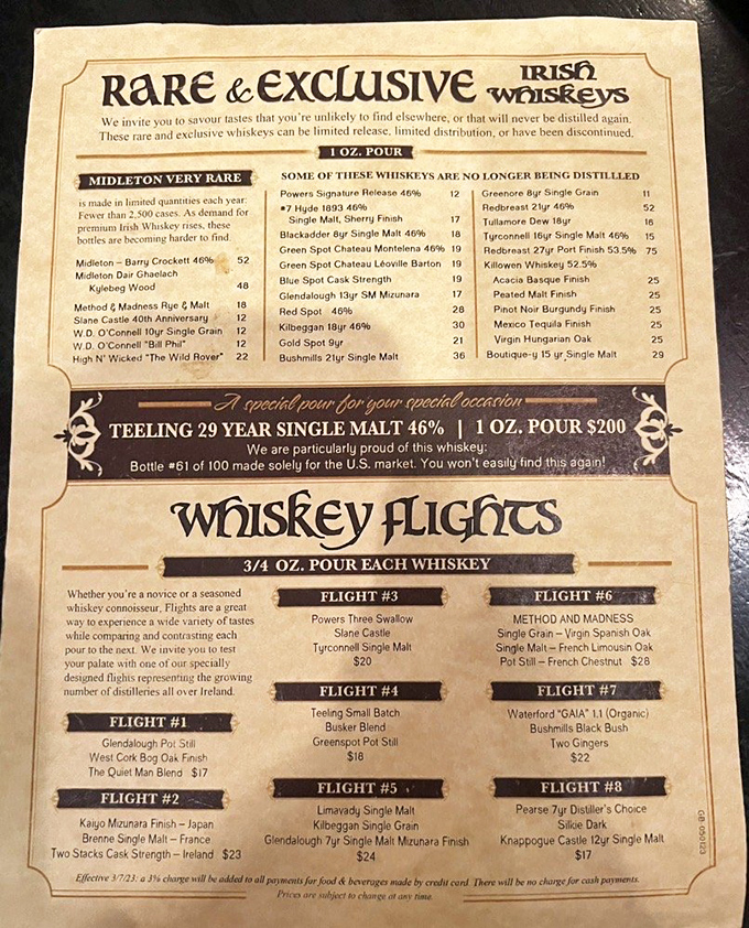 Their rare whiskey menu reads like a love letter to Ireland&mdash;each pour telling stories of peat bogs, ancient distilleries, and generations of craftsmanship.