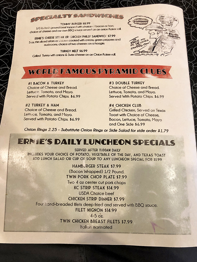 This isn't just a menu—it's a roadmap to happiness. The "World Famous Pyramid Clubs" aren't climbing Everest, but they'll take your taste buds to similar heights.