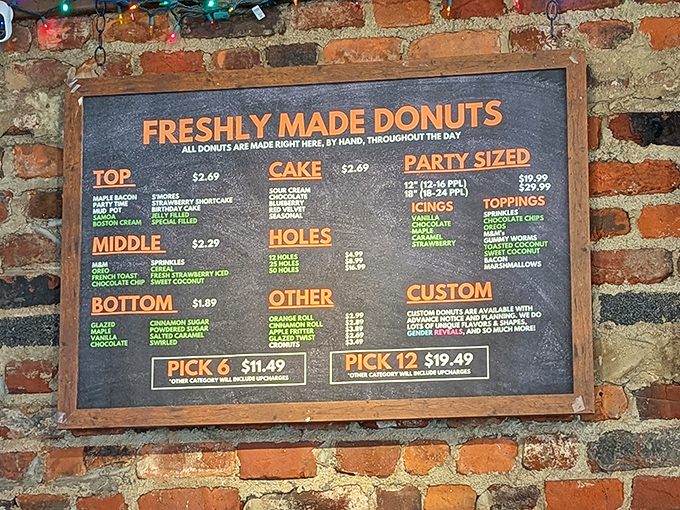 The menu board is like a treasure map where X marks the sprinkles. Categories of "Top," "Middle," and "Bottom" make choosing your donut destiny delightfully logical.