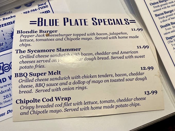 The Blue Plate Specials menu reads like a love letter to comfort food, promising satisfaction with every carefully crafted bite.