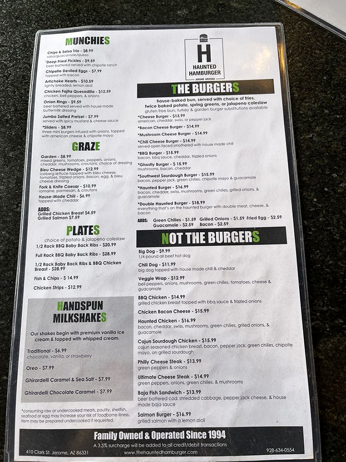 A menu that doesn't mess around—when they say "Haunted Burger," they mean business, complete with green chilies and mushrooms that'll wake the dead.