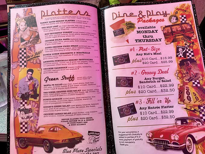 This isn't just a menu&mdash;it's a passport to the 1950s. "Platters" and "Green Stuff" sections prove food was more fun when everything had a catchy name.
