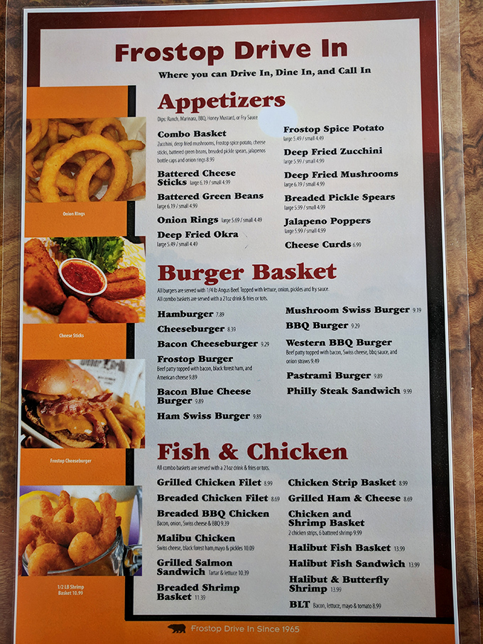 This menu isn't just food options&mdash;it's a roadmap to happiness with burgers, baskets, and deep-fried delights that would make any cardiologist wince approvingly.