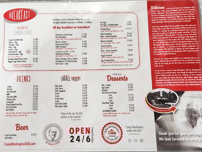 The menu tells the whole story &ndash; breakfast all day, chili every way, and prices that won't make your wallet weep. 