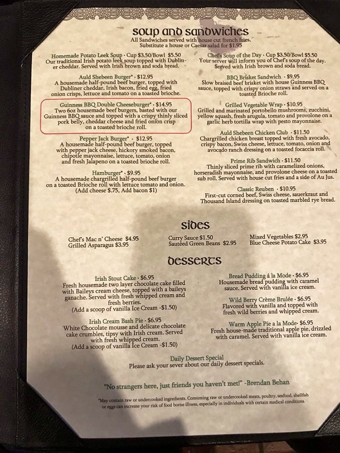A menu that reads like a love letter to Irish comfort food. The real challenge isn't deciding what to order, but how to save room for dessert.