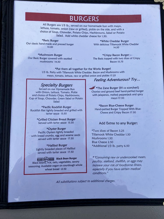 A menu that reads like comfort food poetry. These aren't just burgers&mdash;they're hand-crafted declarations of Oregon's commitment to good eating.